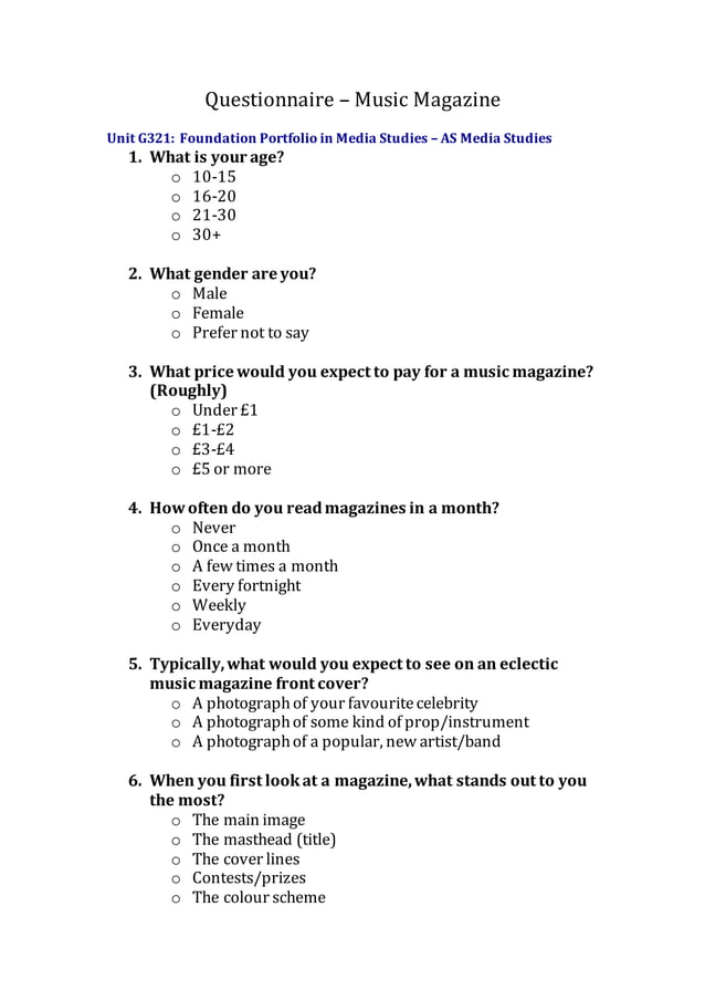 Primary Research Magazine Questionnaire | DOCX | Music | Entertainment