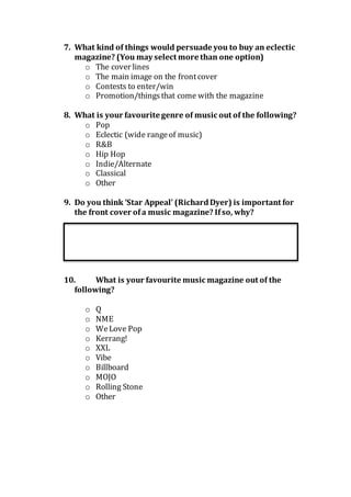 Primary Research Magazine Questionnaire | DOCX | Music | Entertainment