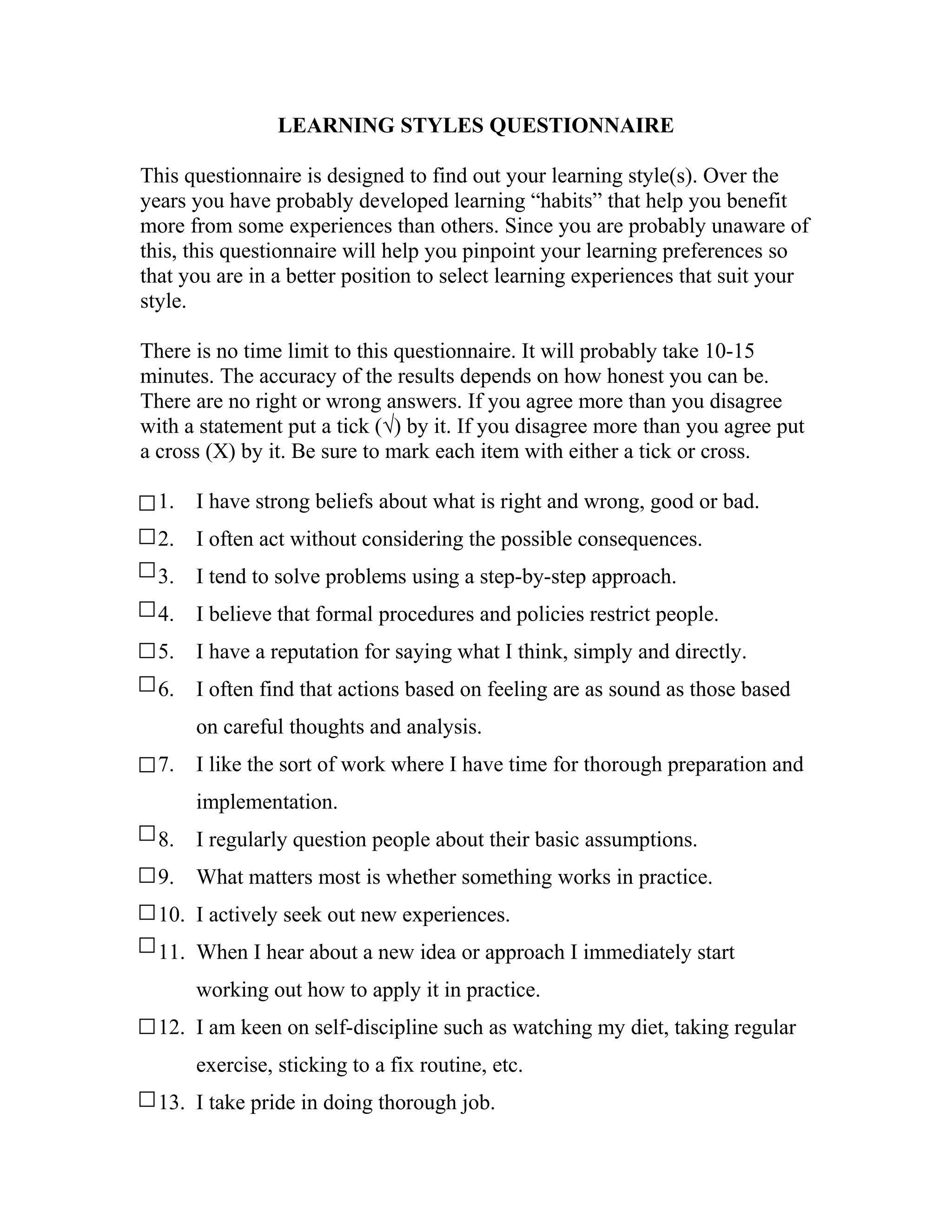 Questionnaire of learning style 1 | DOC