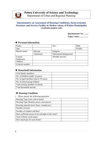 Questionnaire on Assessment of Housing Conditions, Socioeconomic ...