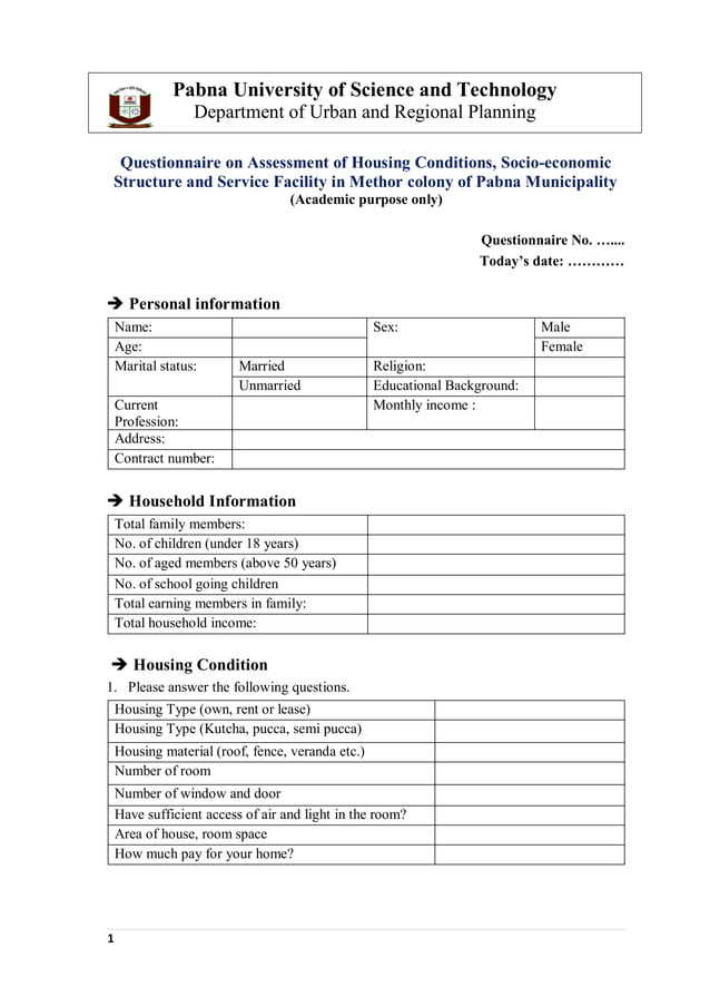 Questionnaire on Assessment of Housing Conditions, Socioeconomic ...