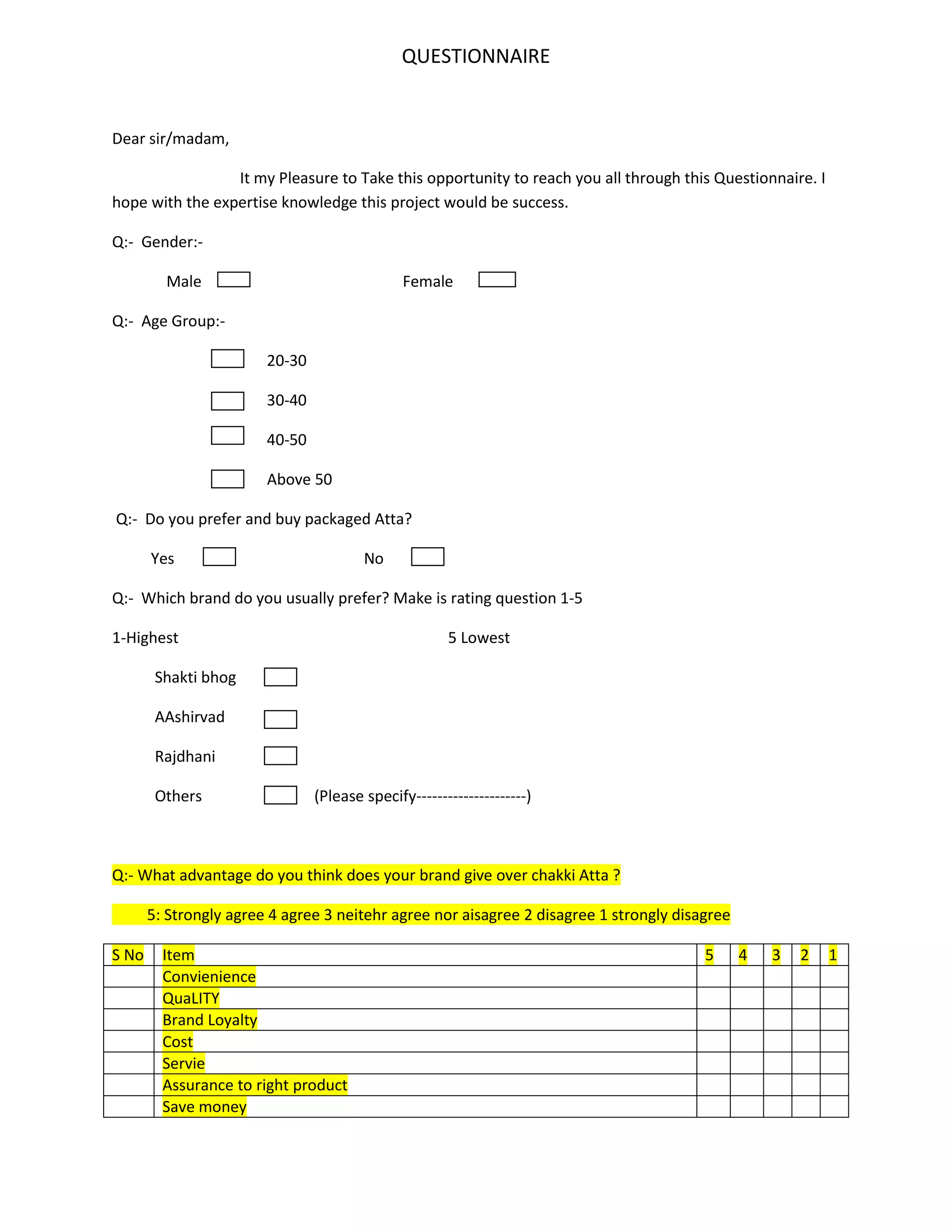 Questionnaire on brand comparison of atta industry | DOCX