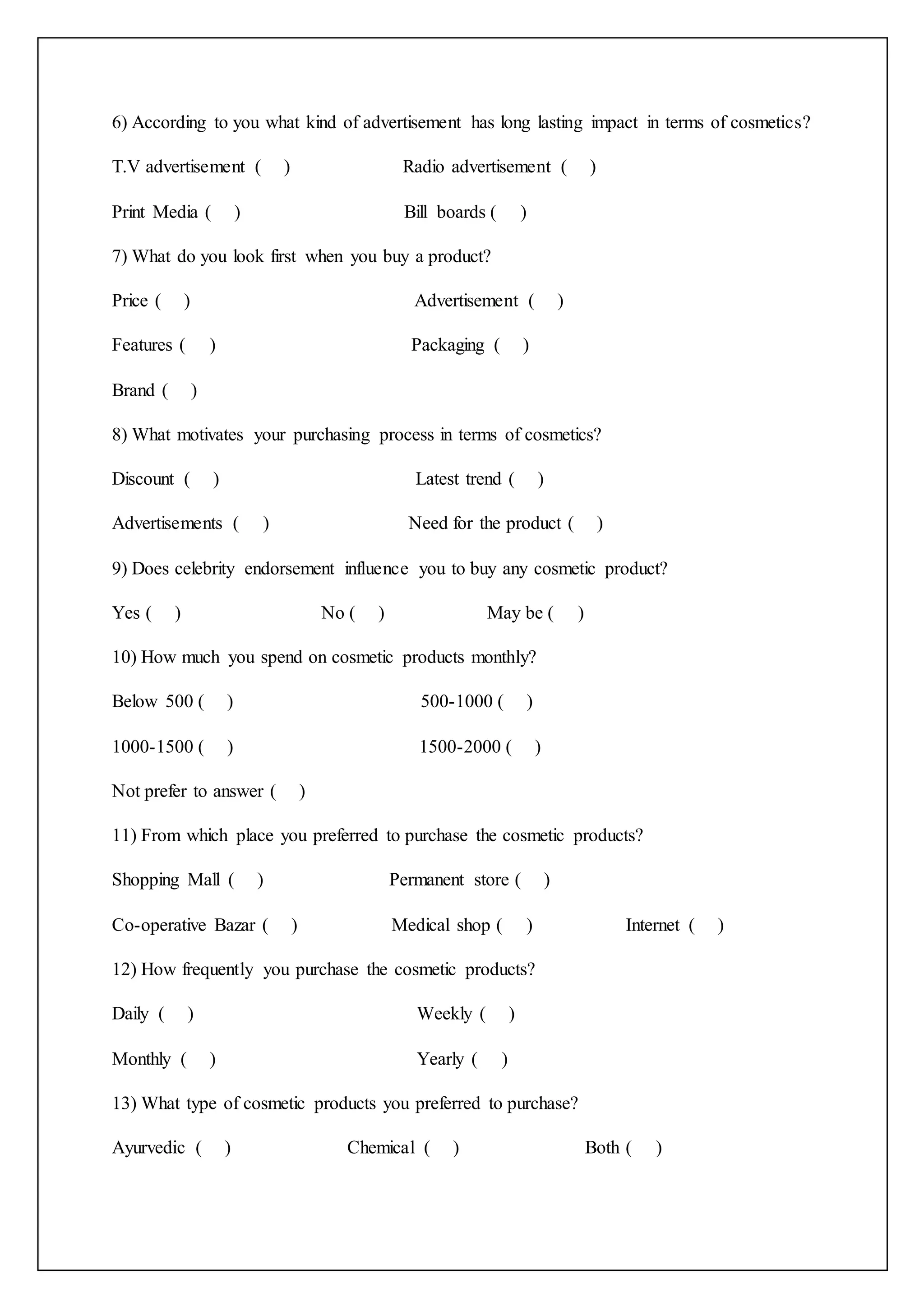 Questionnaire on consumer behaviour on cosmetic product | DOCX