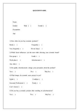 Questionnaire Format For Consumer Behaviour