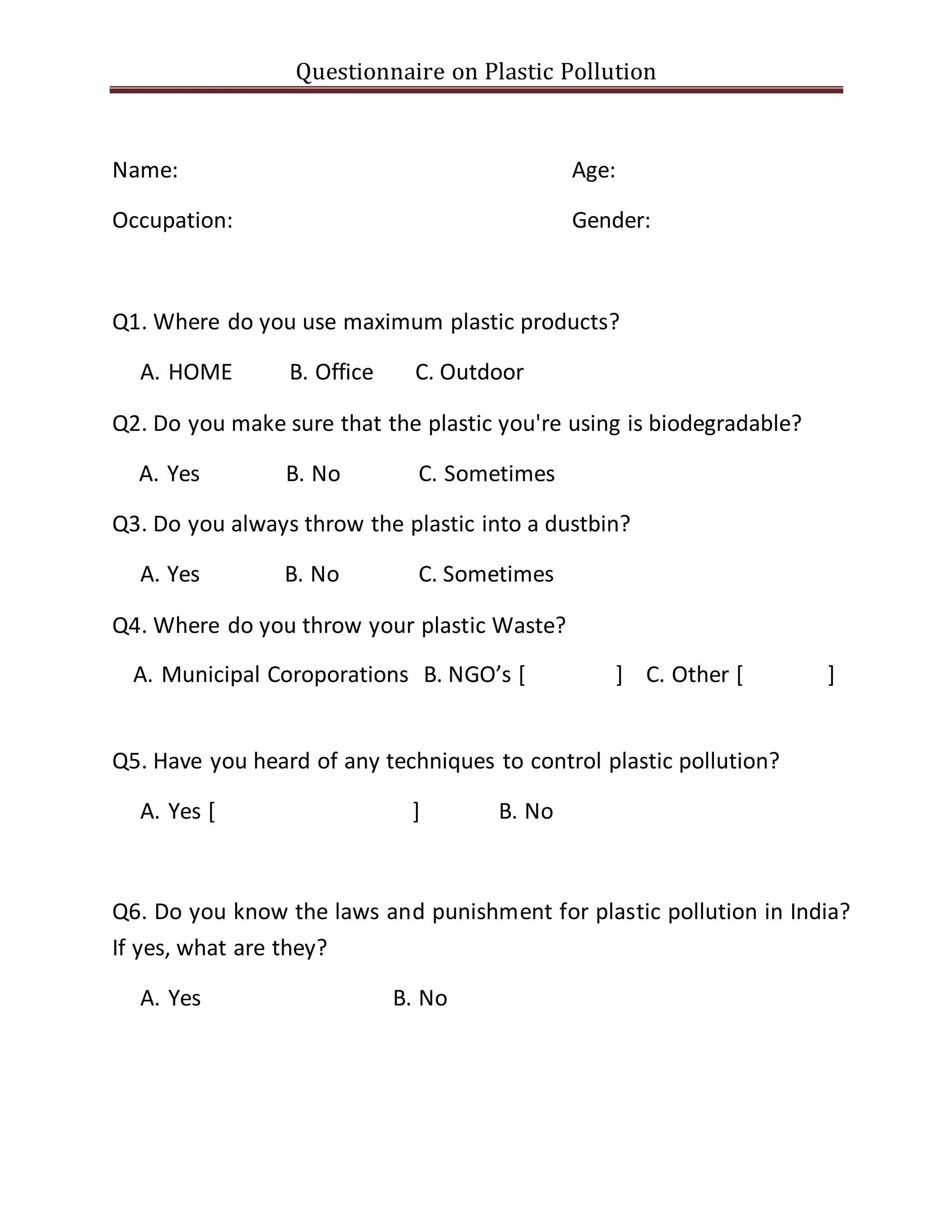 Questionnaire on plastic pollution | DOCX