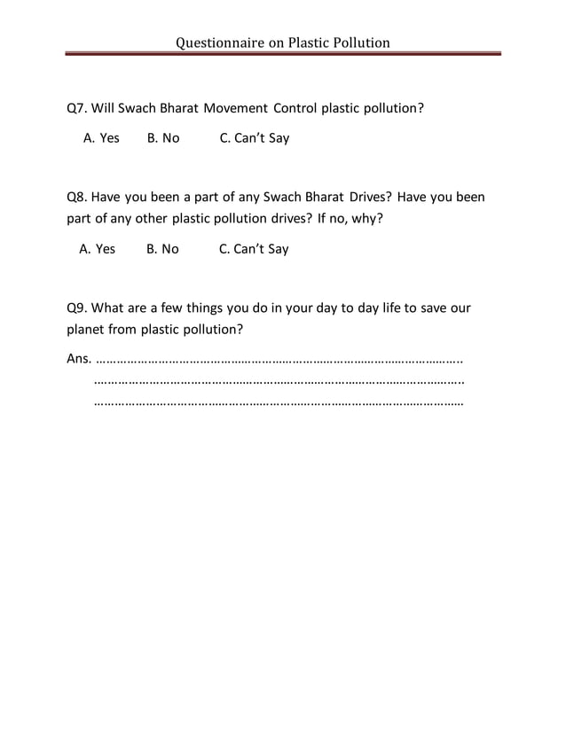 Questionnaire on plastic pollution | DOCX
