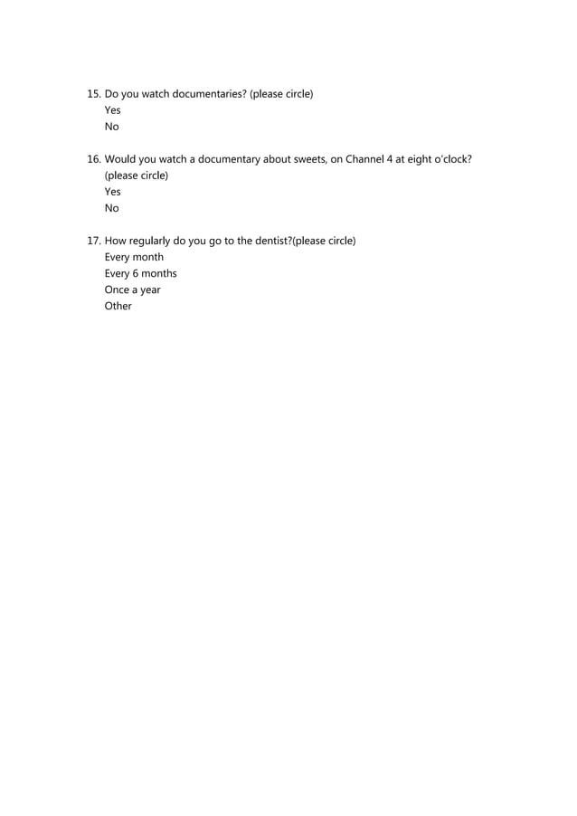Questionnaire on sweets | DOCX | Documentary | Genres