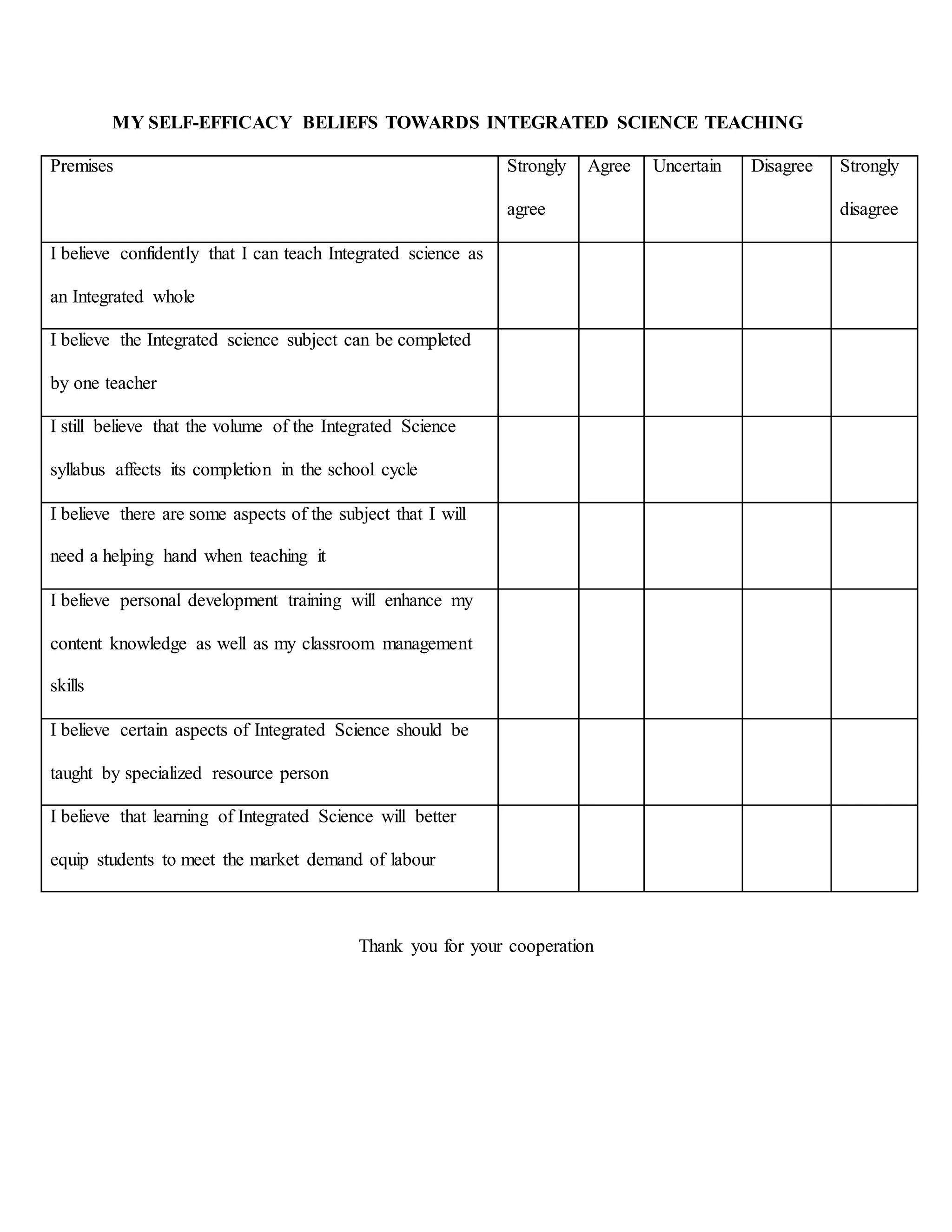 Questionnaire on teachers' perception and self efficacy believes in ...