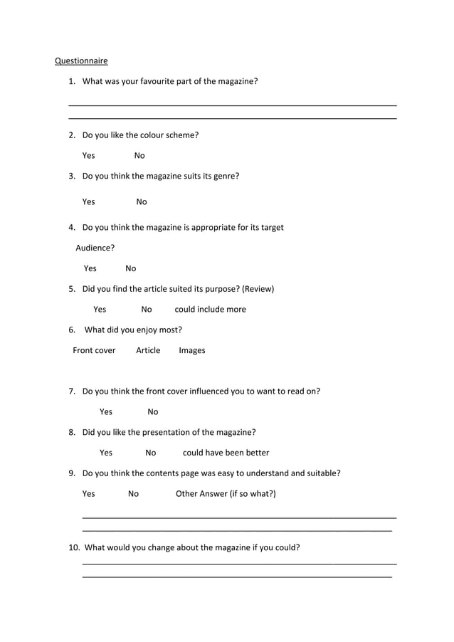 Questionnaire reviewing mag