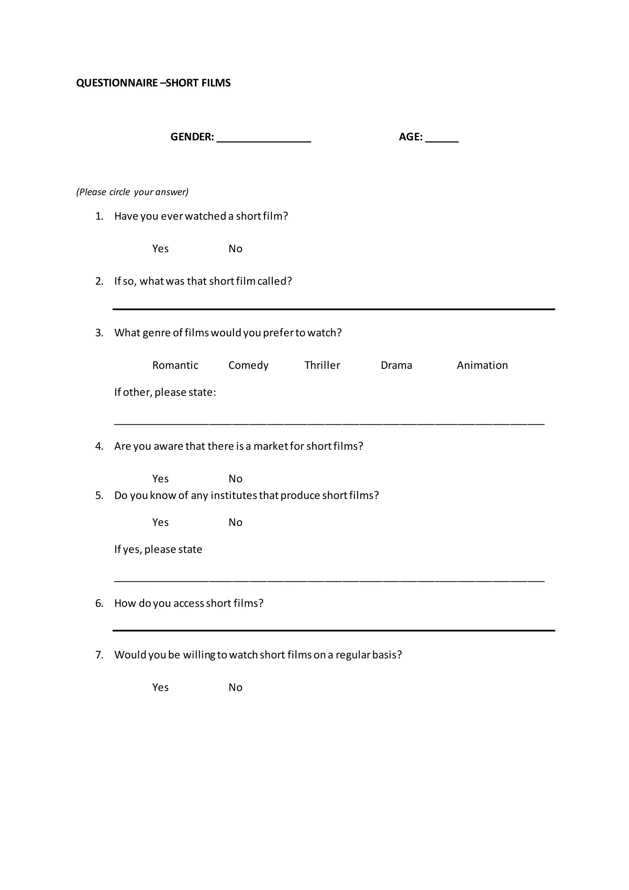 Questionnaire short films | DOCX