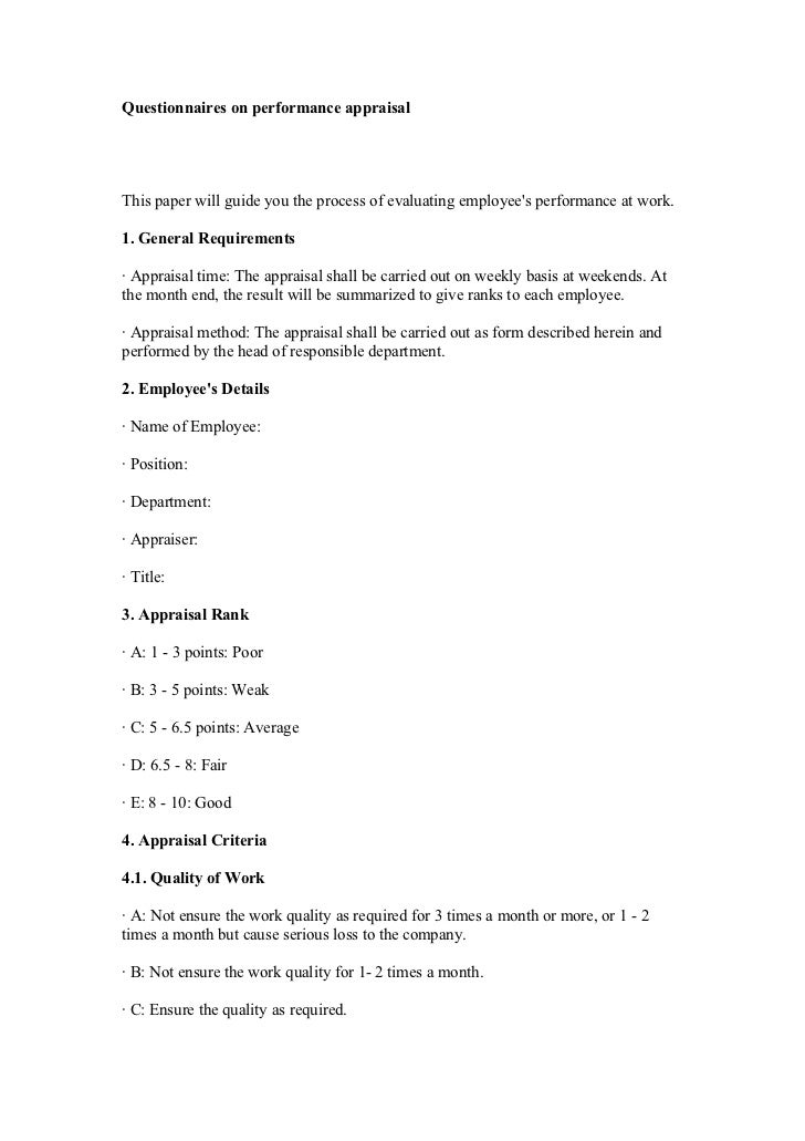 Questionnaire Of Performance Appraisal QUESTIONNAIRE ON PERFORMANCE
