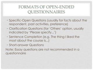 Questionnaire surveys | PPTX | Educational Assessment | Education