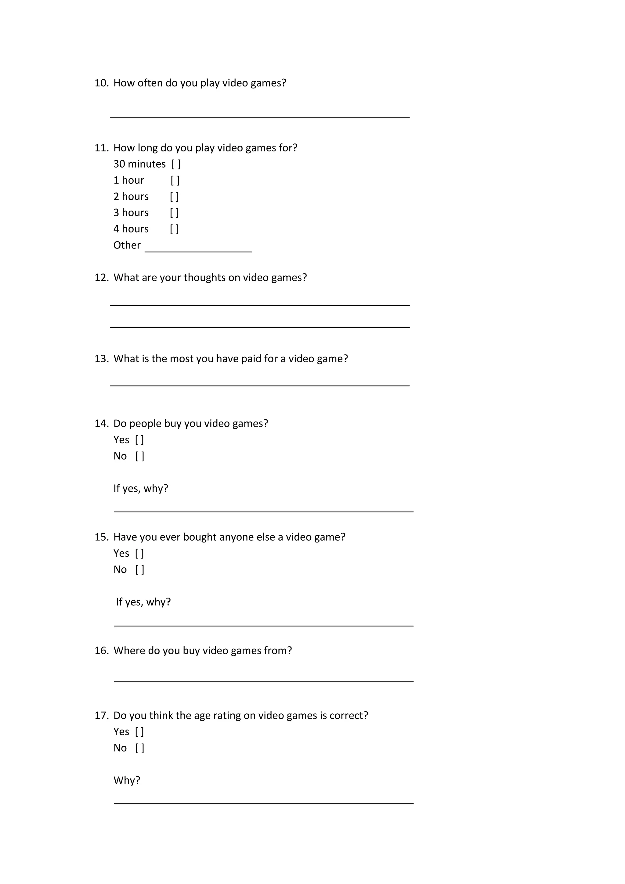 Questionnaire video games | DOCX