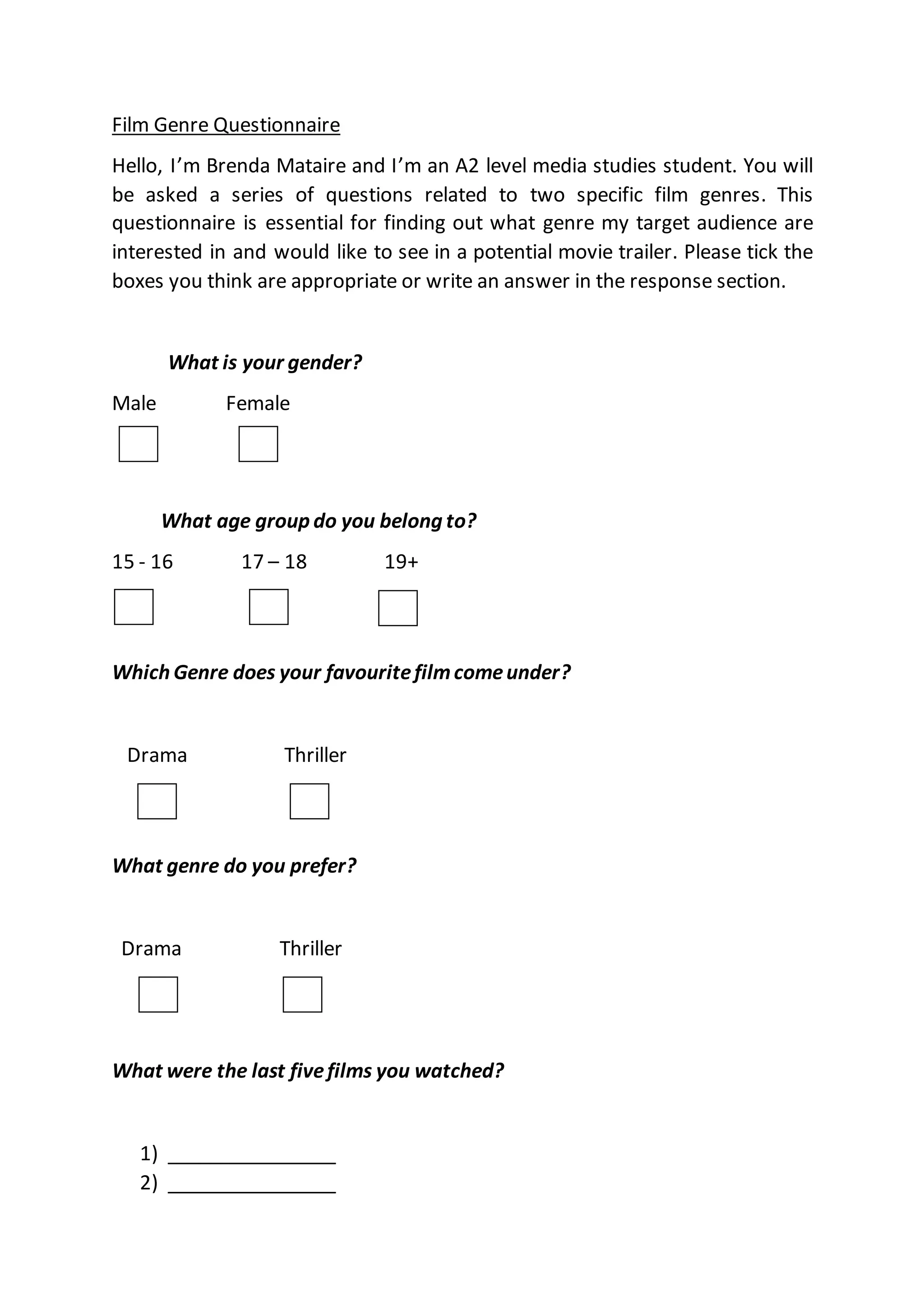 Questionnaire to find out the favoured film genre at CCS | DOCX