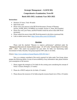 Question Paper - Strategic Management - I_Comprehensive Exam_AY 2021 ...