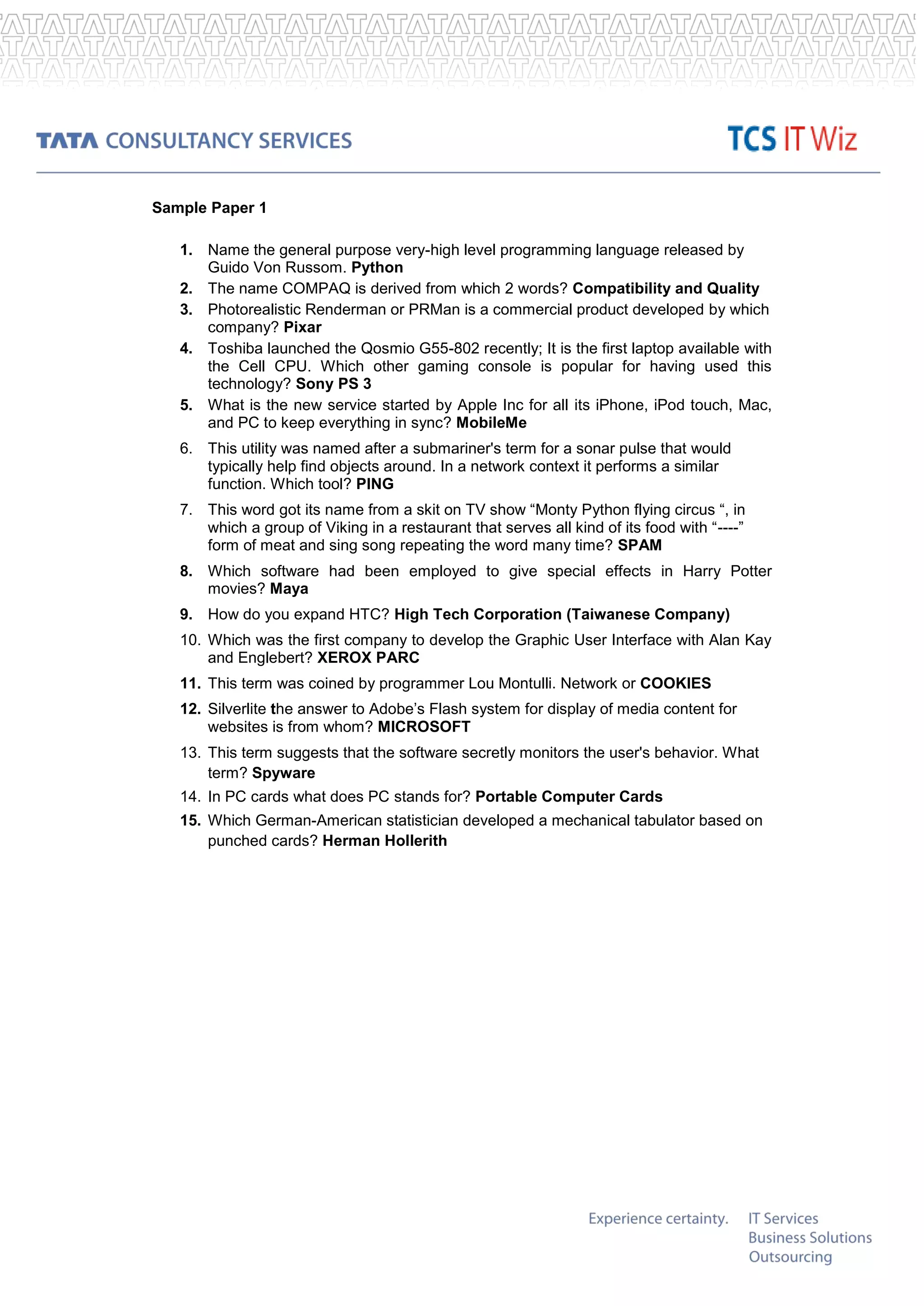 TCS IT Wiz Sample Paper1 | PDF