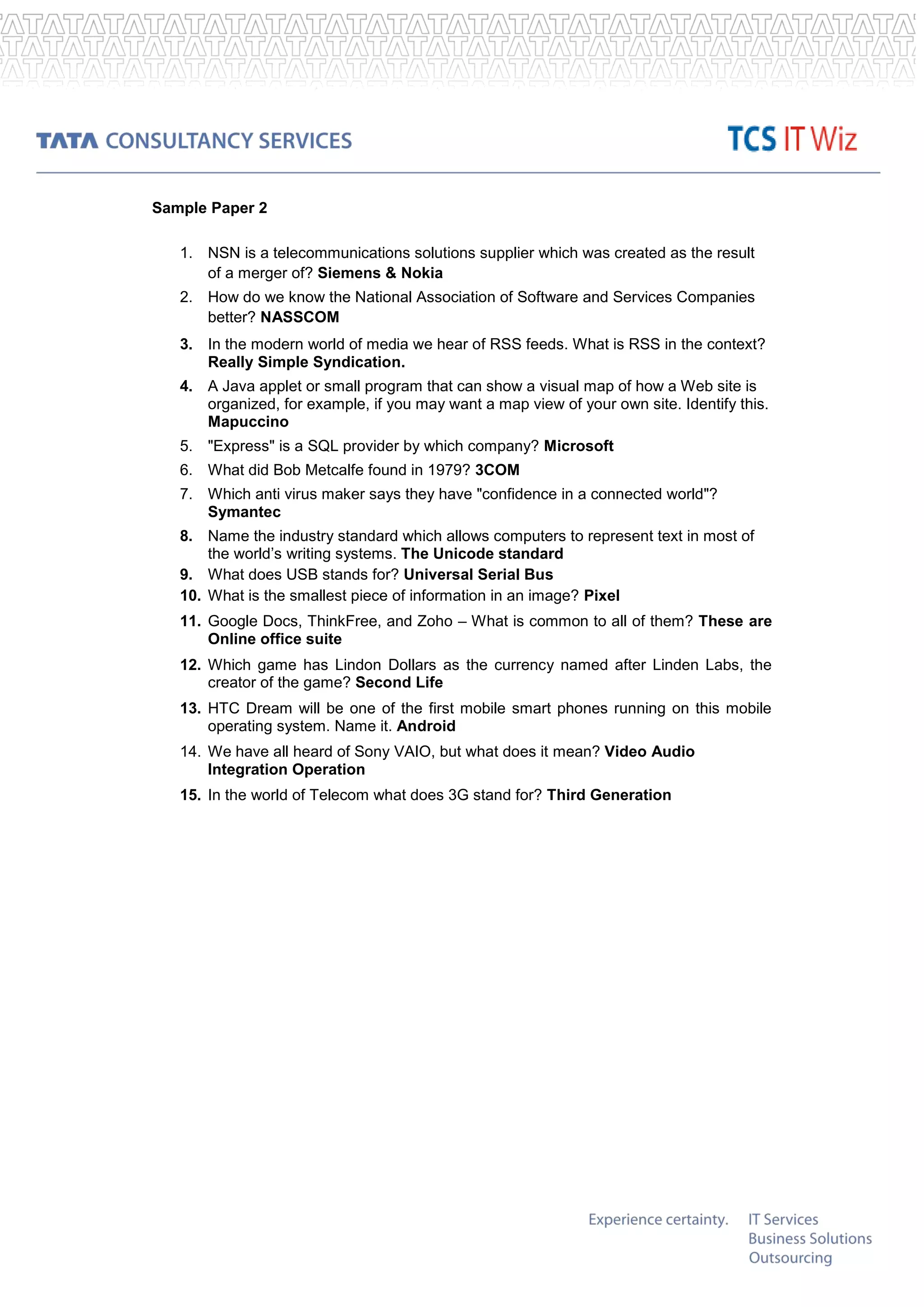 TCS IT Wiz Sample Paper2 | PDF