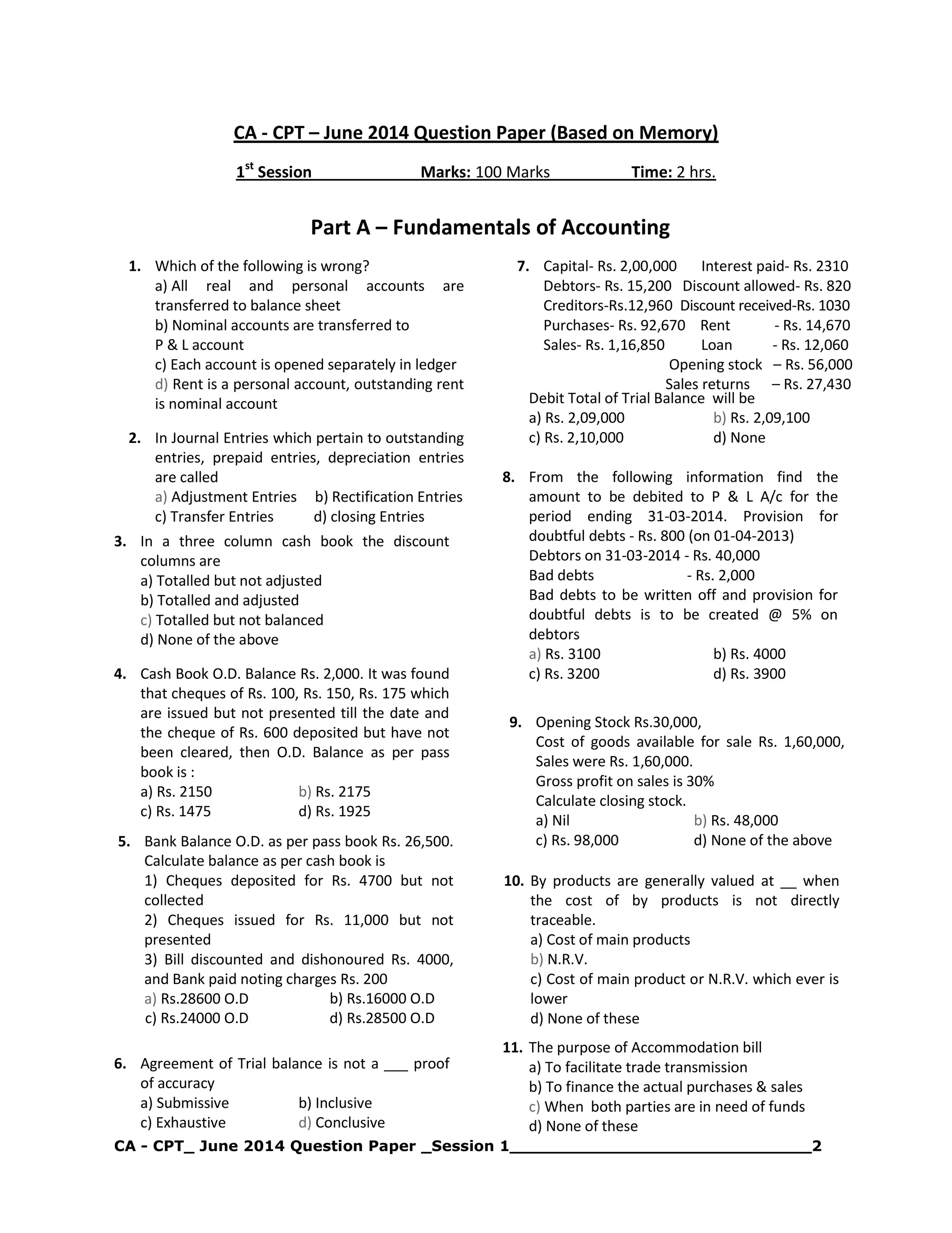 CA CPT Question paper june 2014 | PDF