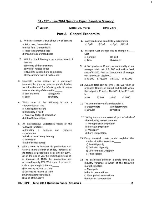CA CPT Question paper june 2014 | PDF | Business Accounting & Finance ...