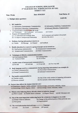 Question papers of bsc nursing university examination | PDF