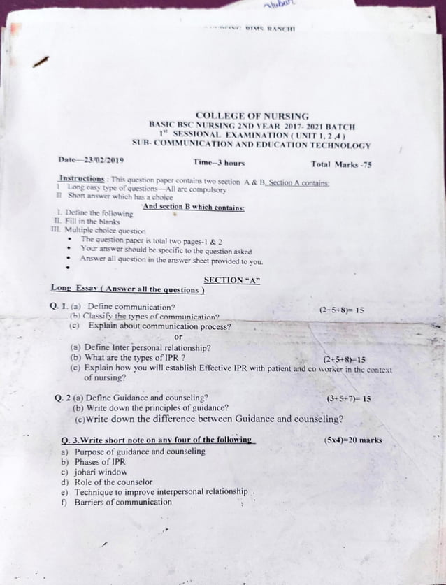 Question papers of bsc nursing university examination