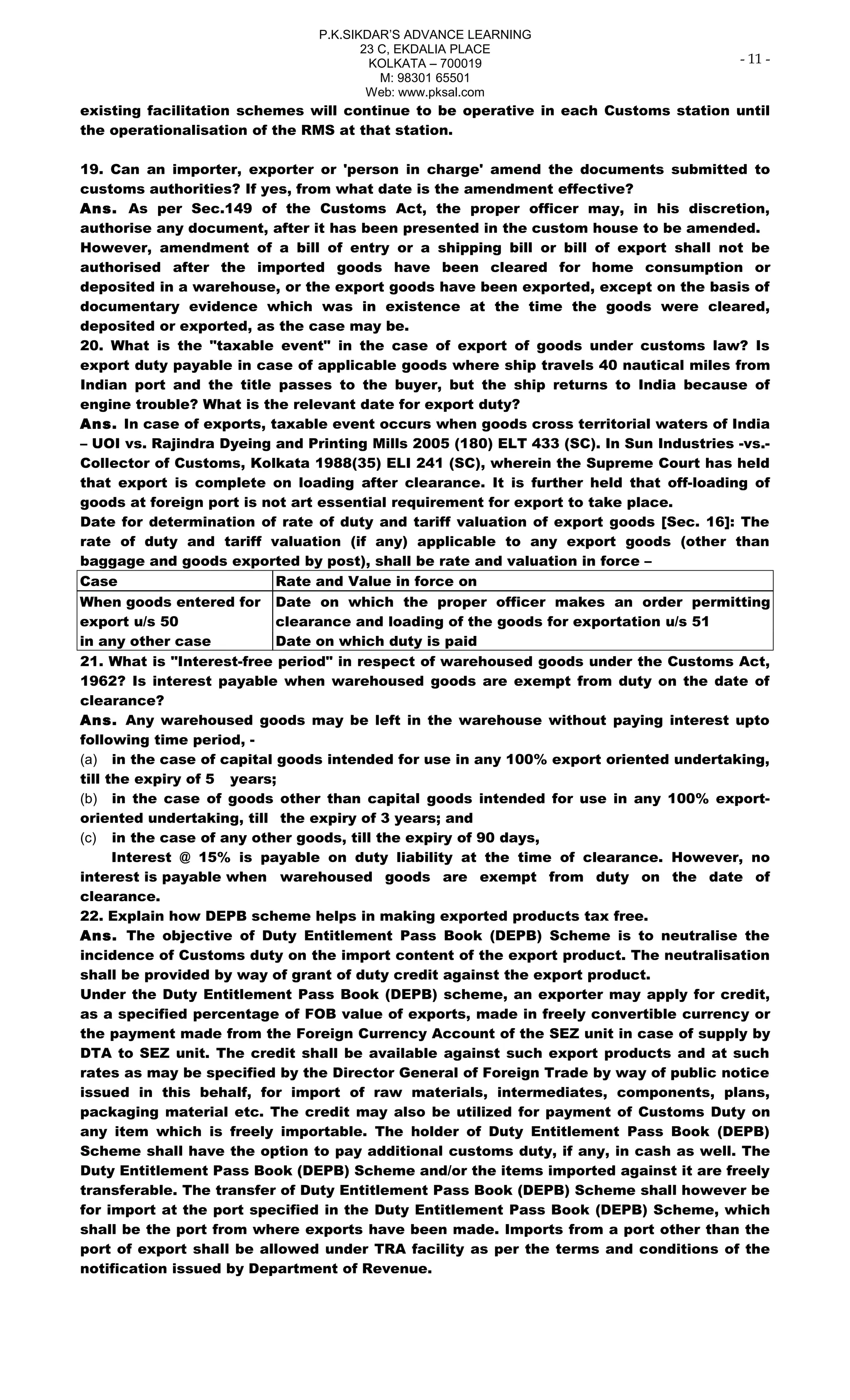 Questions and answers on customs act from the different chapters | DOC