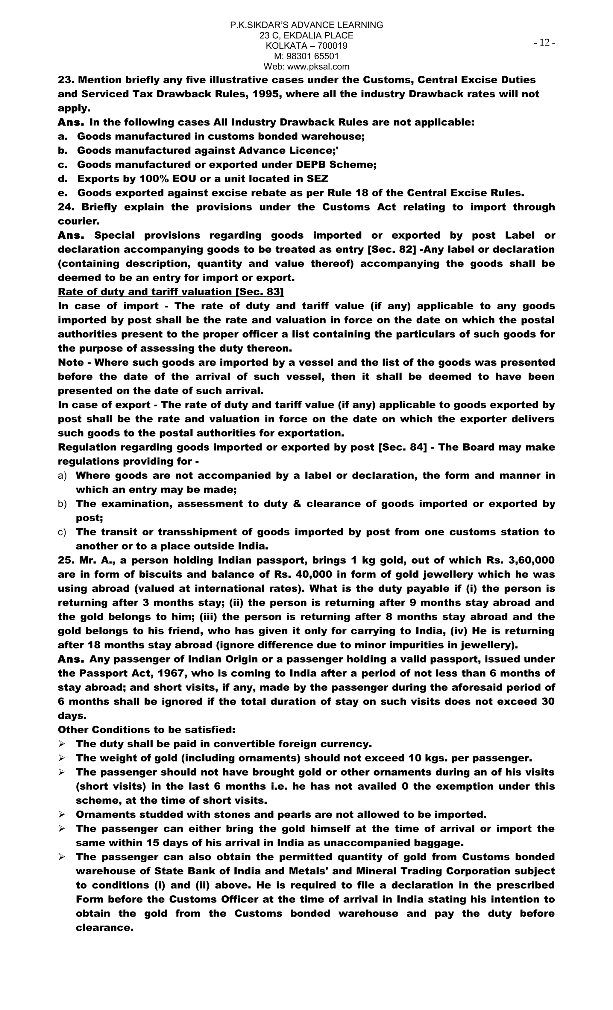 Questions and answers on customs act from the different chapters | DOC