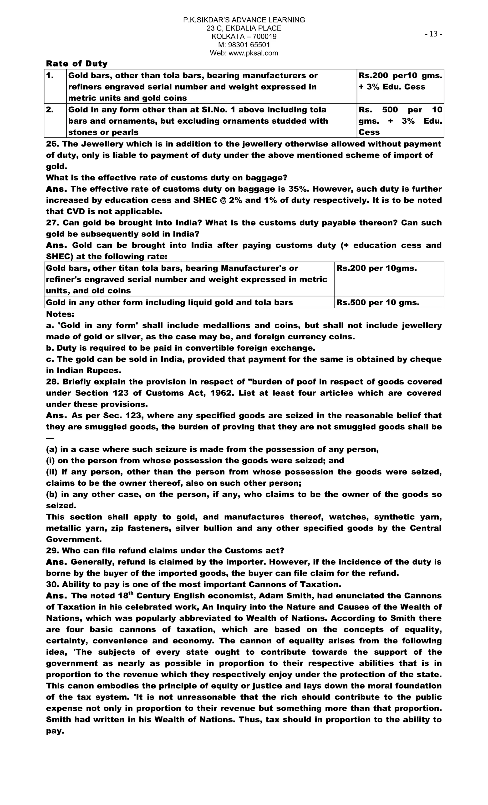 Questions and answers on customs act from the different chapters | DOC