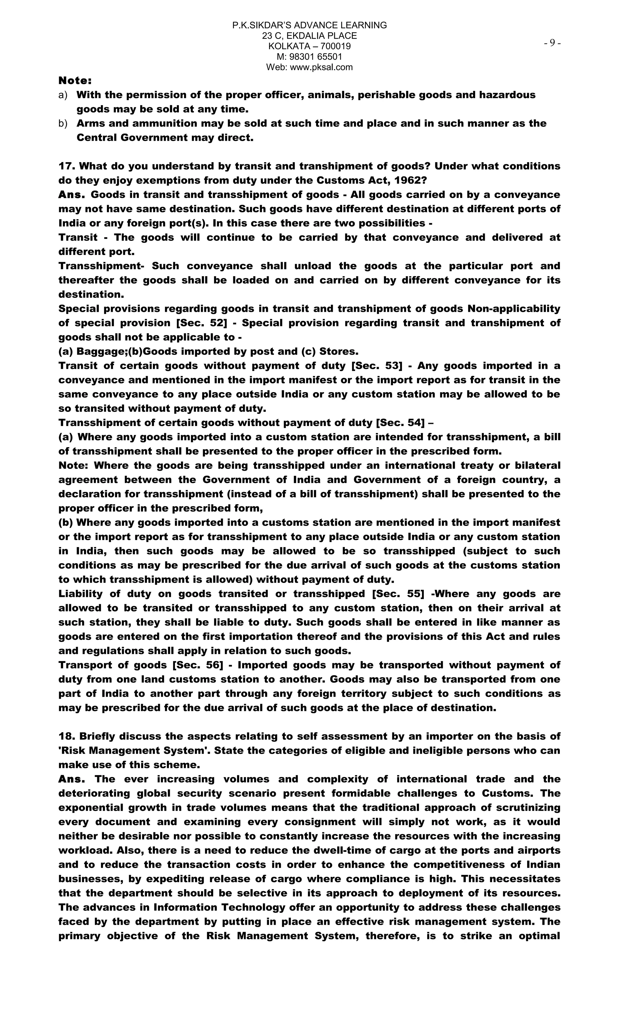 Questions and answers on customs act from the different chapters | DOC