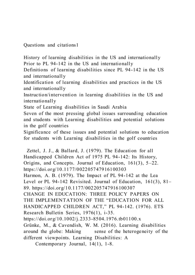 Questions and citations1 history of learning disabilities in | PDF