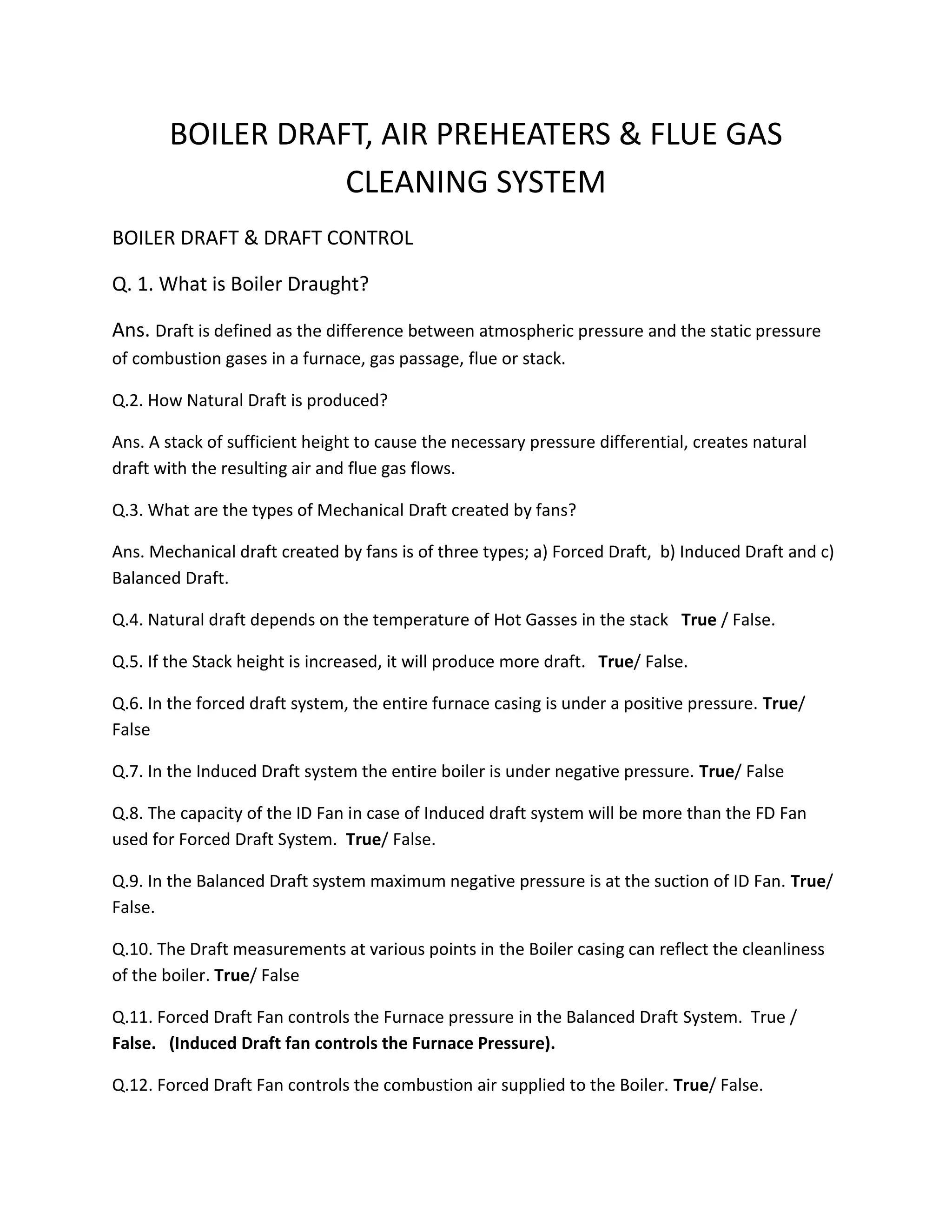 Typical questionnaire on "Boiler Draft" Related to Thermal Power ...