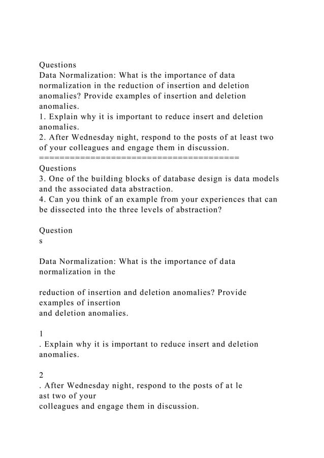 QuestionsData Normalization What is the importance of data norm.docx QuestionsData Normalization What is the importance of data norm.docx