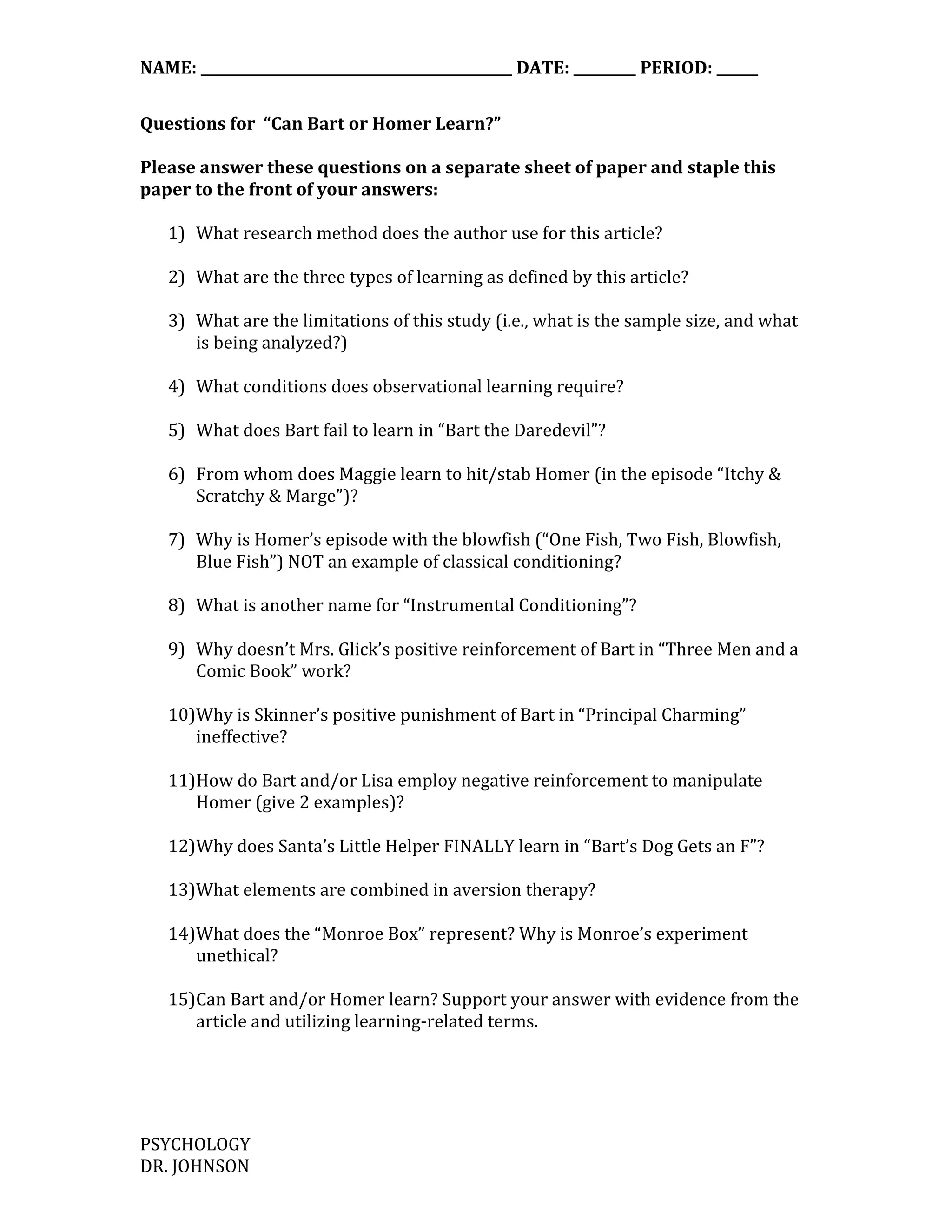 Questions for can bart or homer learn | DOCX