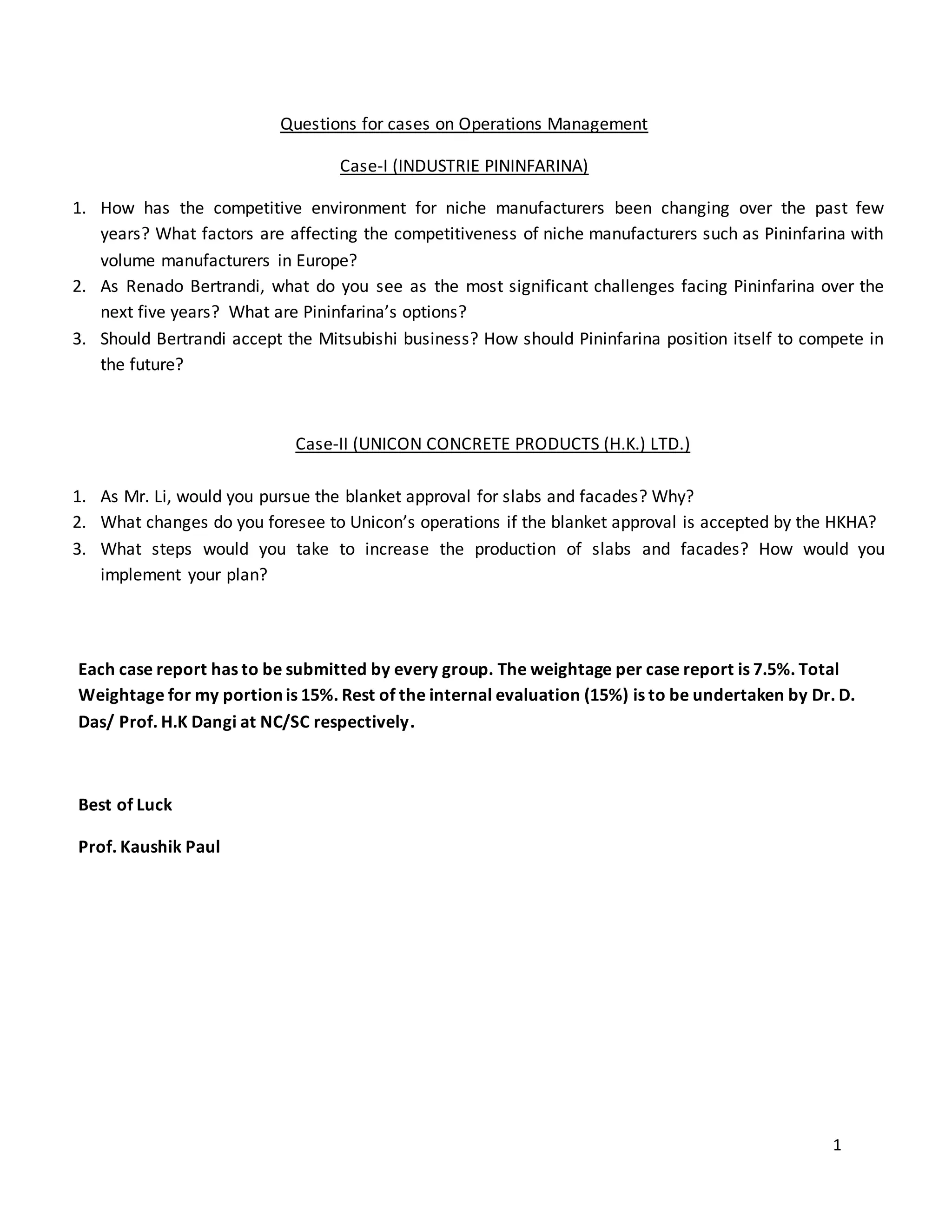 Questions for cases on operations management used at fms delhi | PDF
