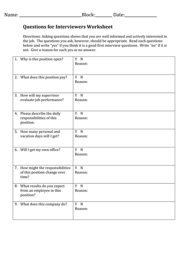 Questions for interviewers worksheet | DOCX