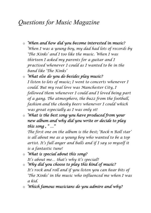 Questions for music magazine | DOCX | Rock Music | Music
