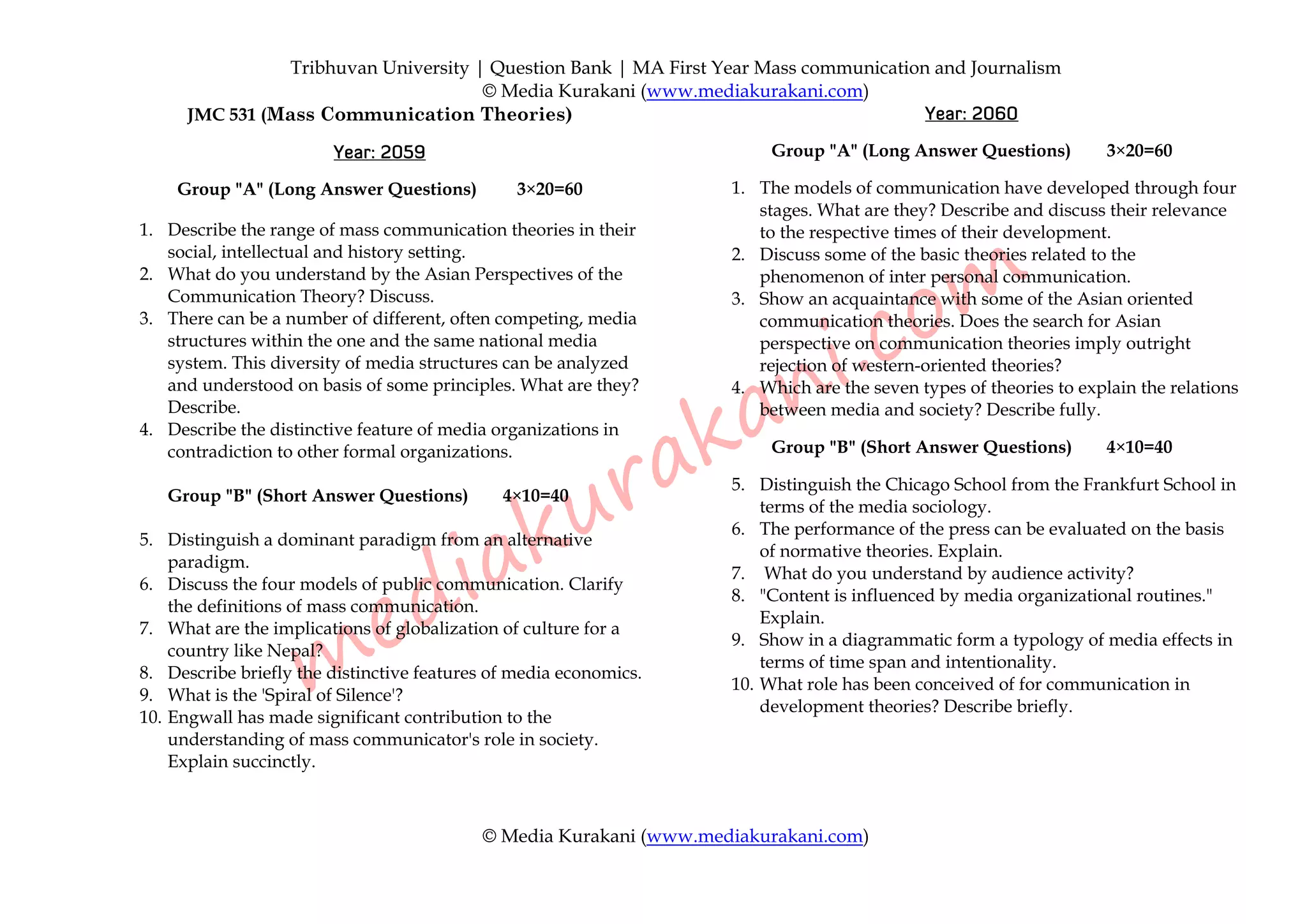 Questions of journalism and mass communication tribhuvan university ...