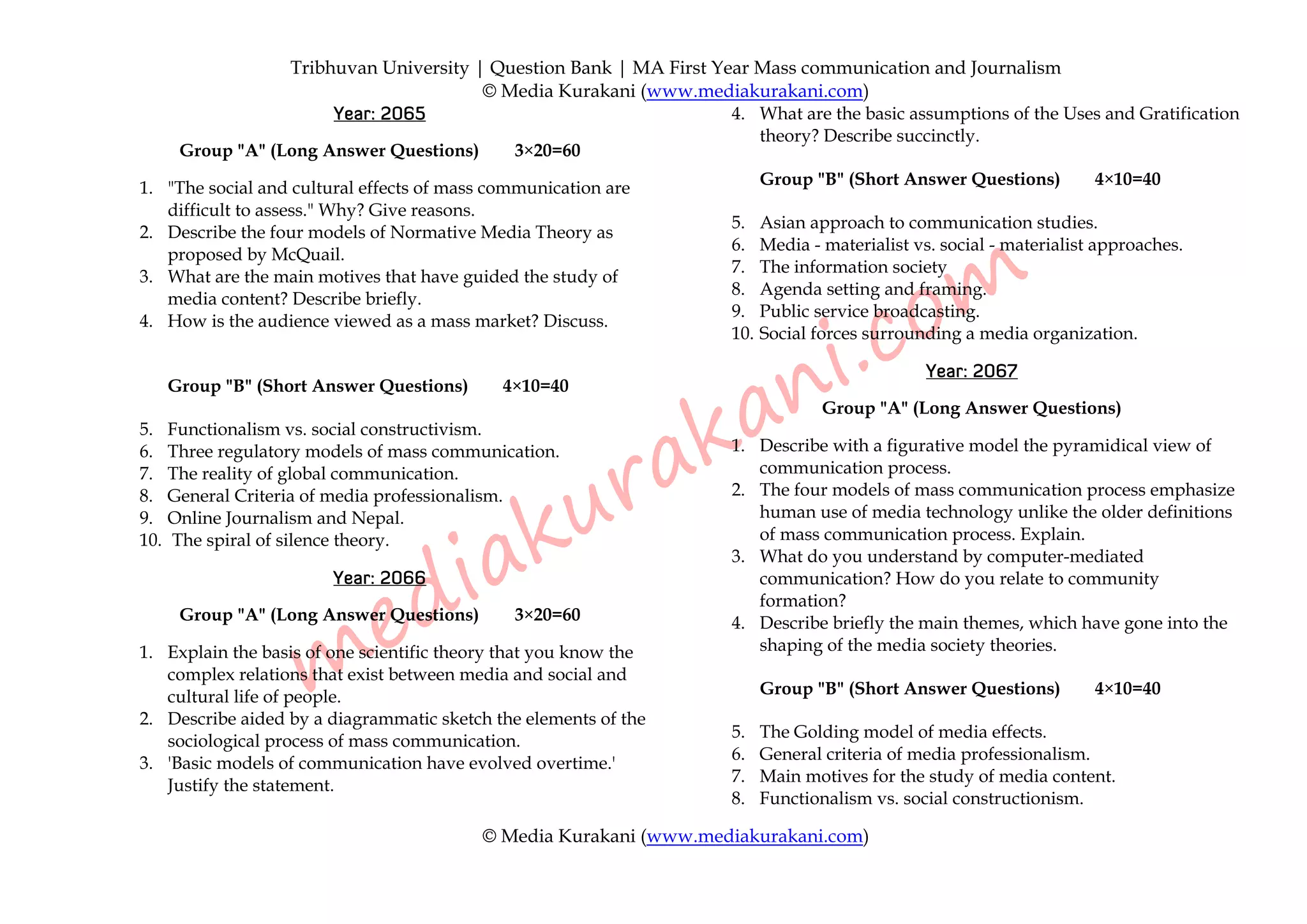Questions of journalism and mass communication tribhuvan university ...