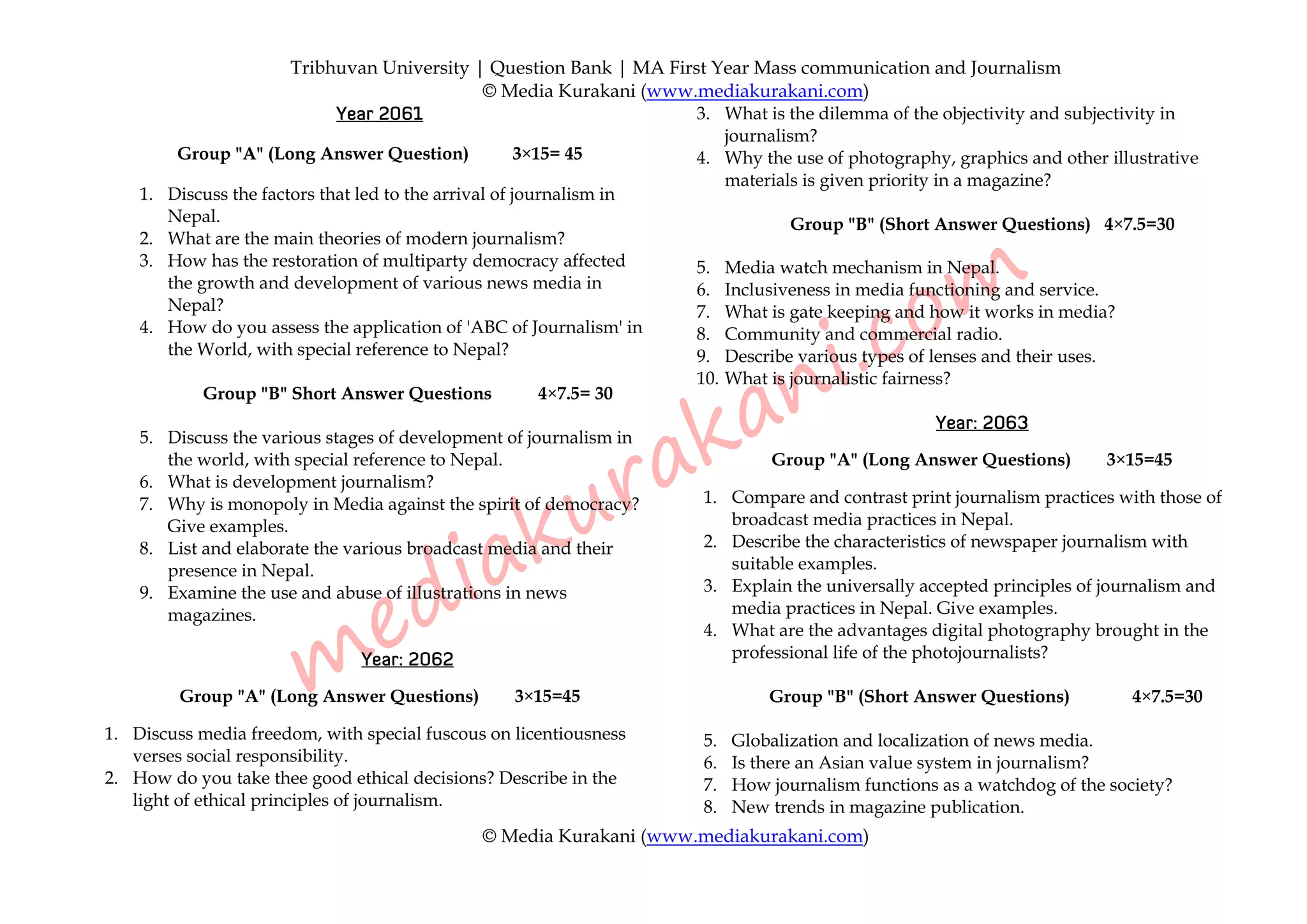 Questions of journalism and mass communication tribhuvan university ...