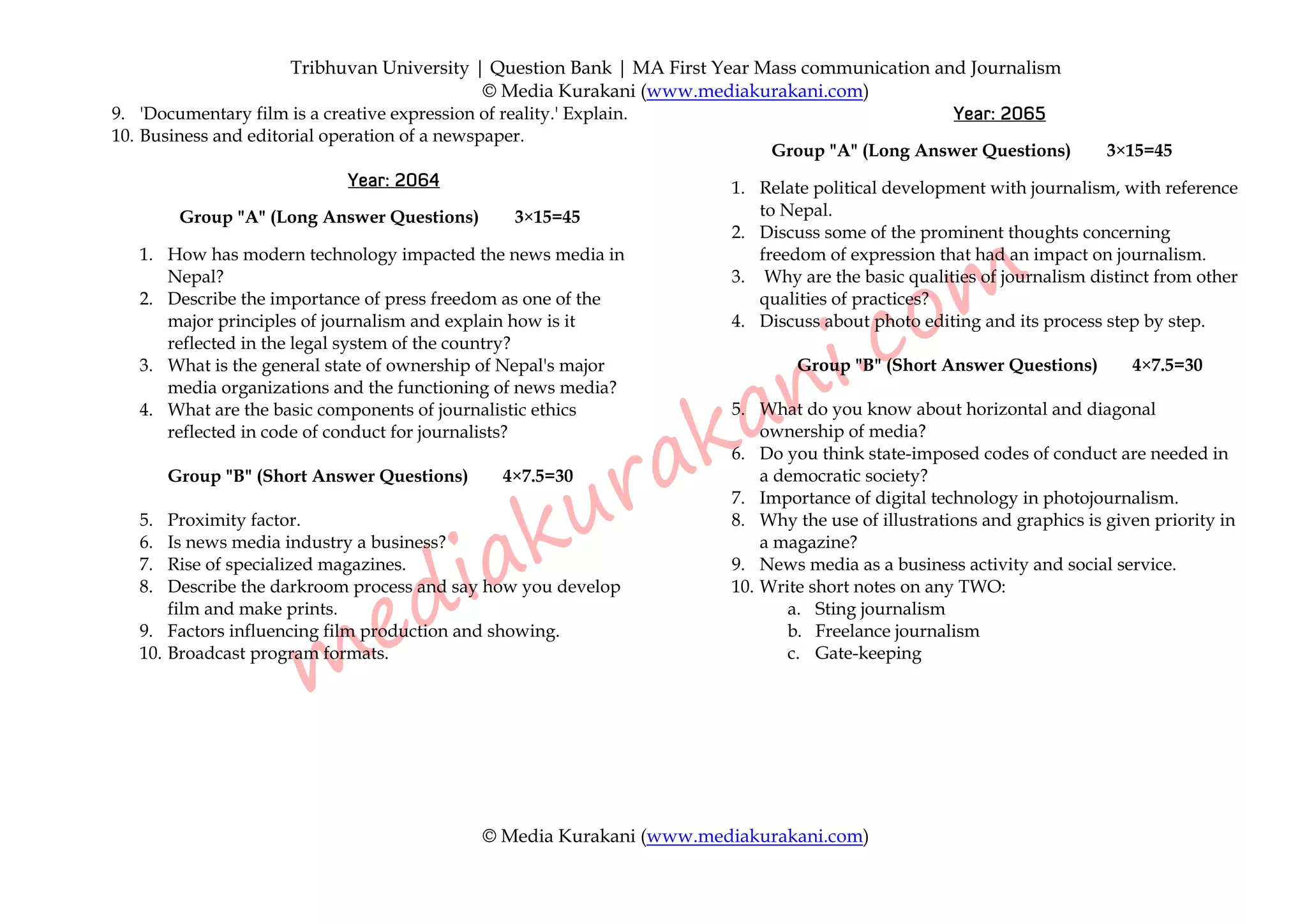 Questions of journalism and mass communication tribhuvan university ...