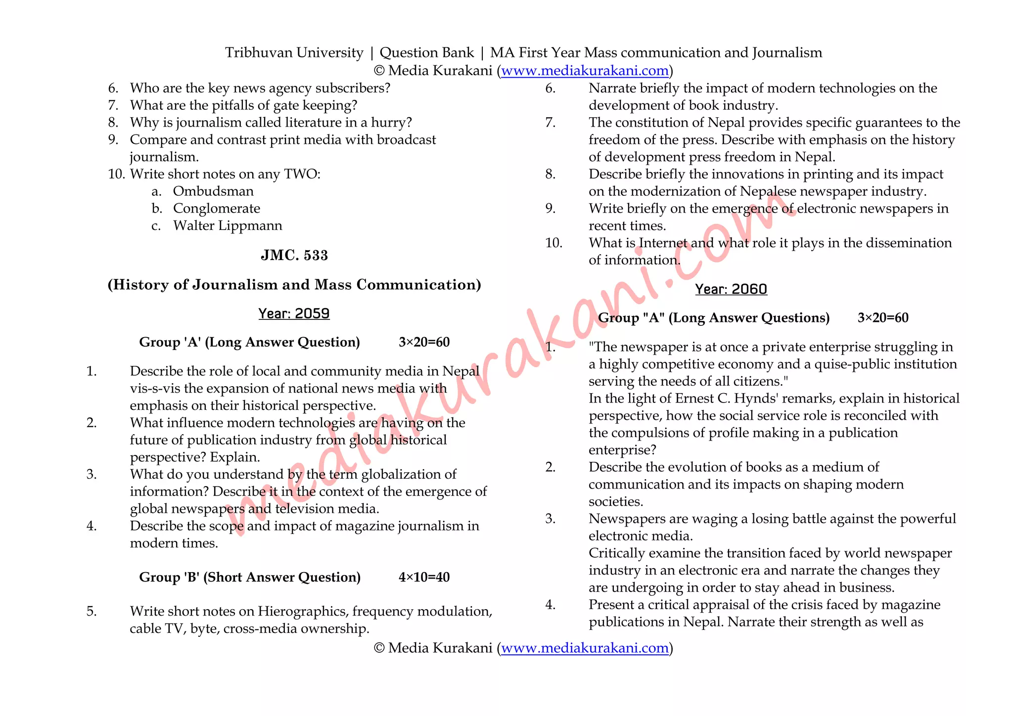 Questions of journalism and mass communication tribhuvan university ...