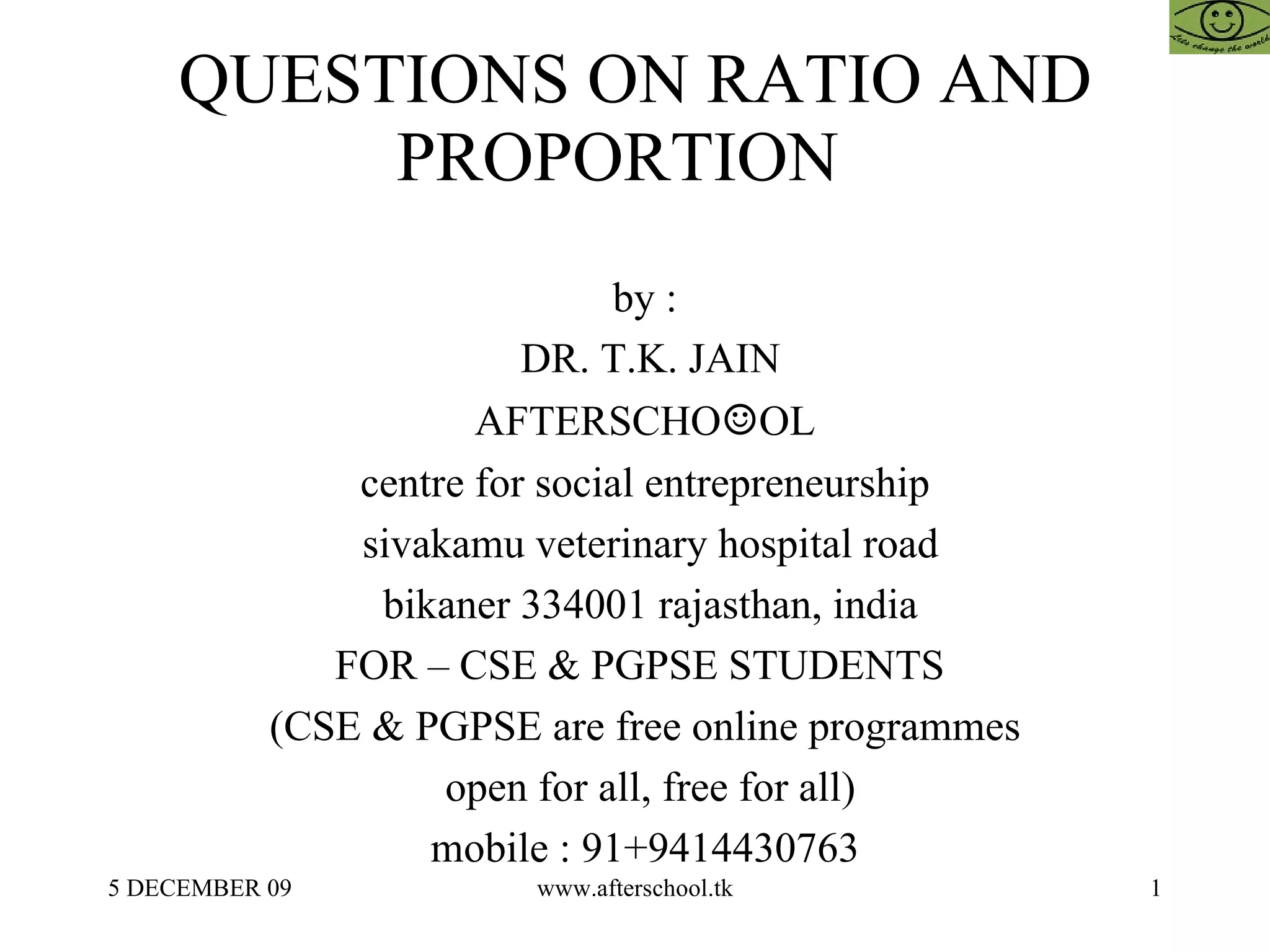 Questions on ratio and proportion | ODP