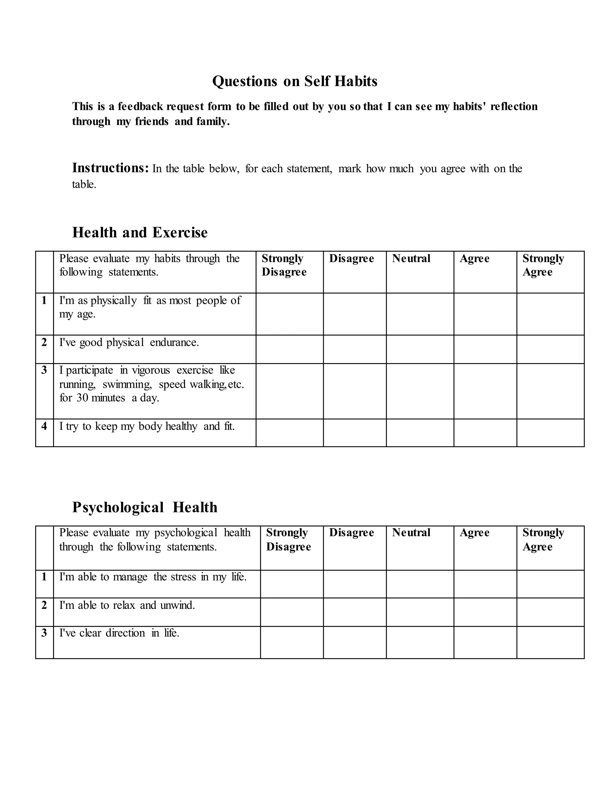 Questions on self habits survey | DOCX | Food & Drink