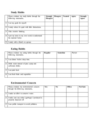 Questions on self habits survey | DOCX | Food & Drink