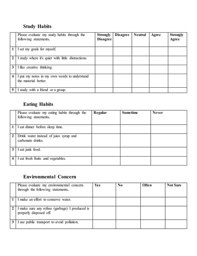 Questions on self habits survey | DOCX | Food & Drink