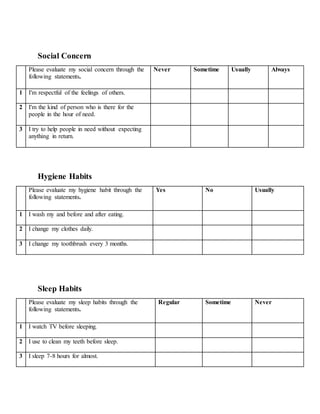 Questions on self habits survey | DOCX | Food & Drink