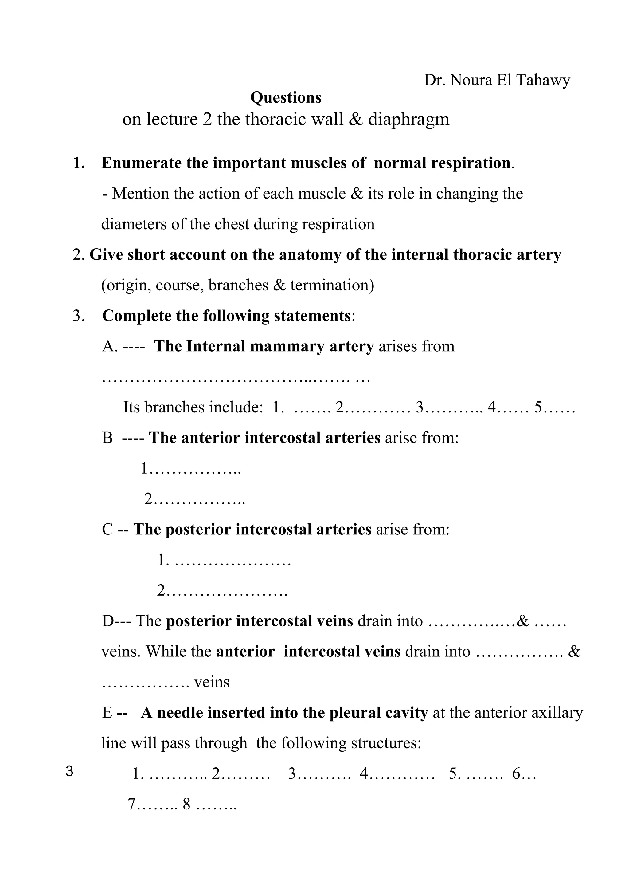 Questions on the thorax | PDF