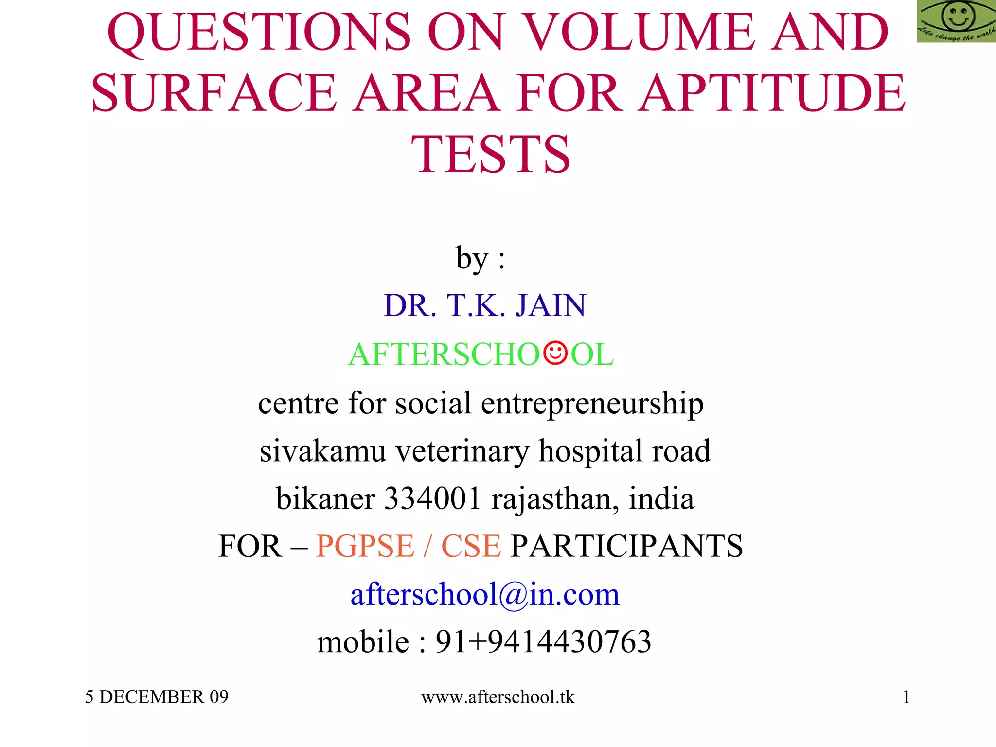 Questions on volume and surface area for aptitude tests | ODP