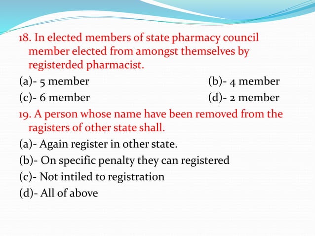 mcq Questions pharmacy act | PPTX | Pharmaceutical Drugs | Medical Health