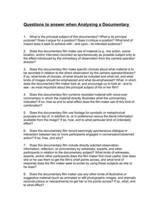 Questions to answer when analysing a documentary | DOC